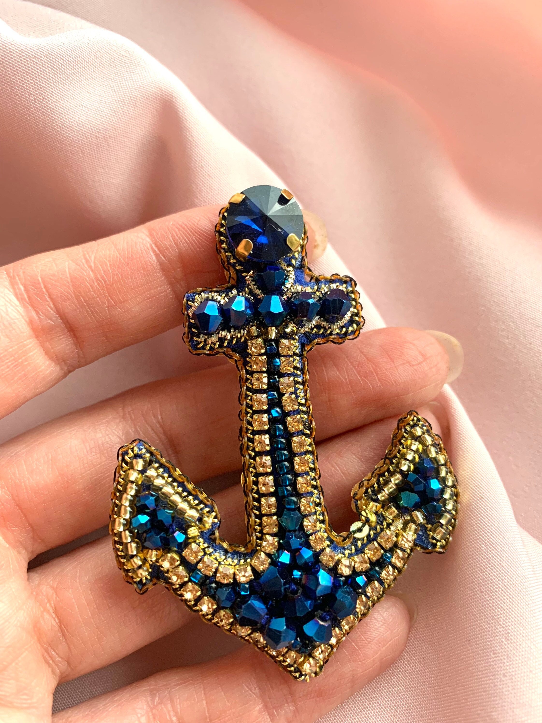 Embroidered Beaded Blue Sea Anchor Brooch. Boat Trip - Etsy