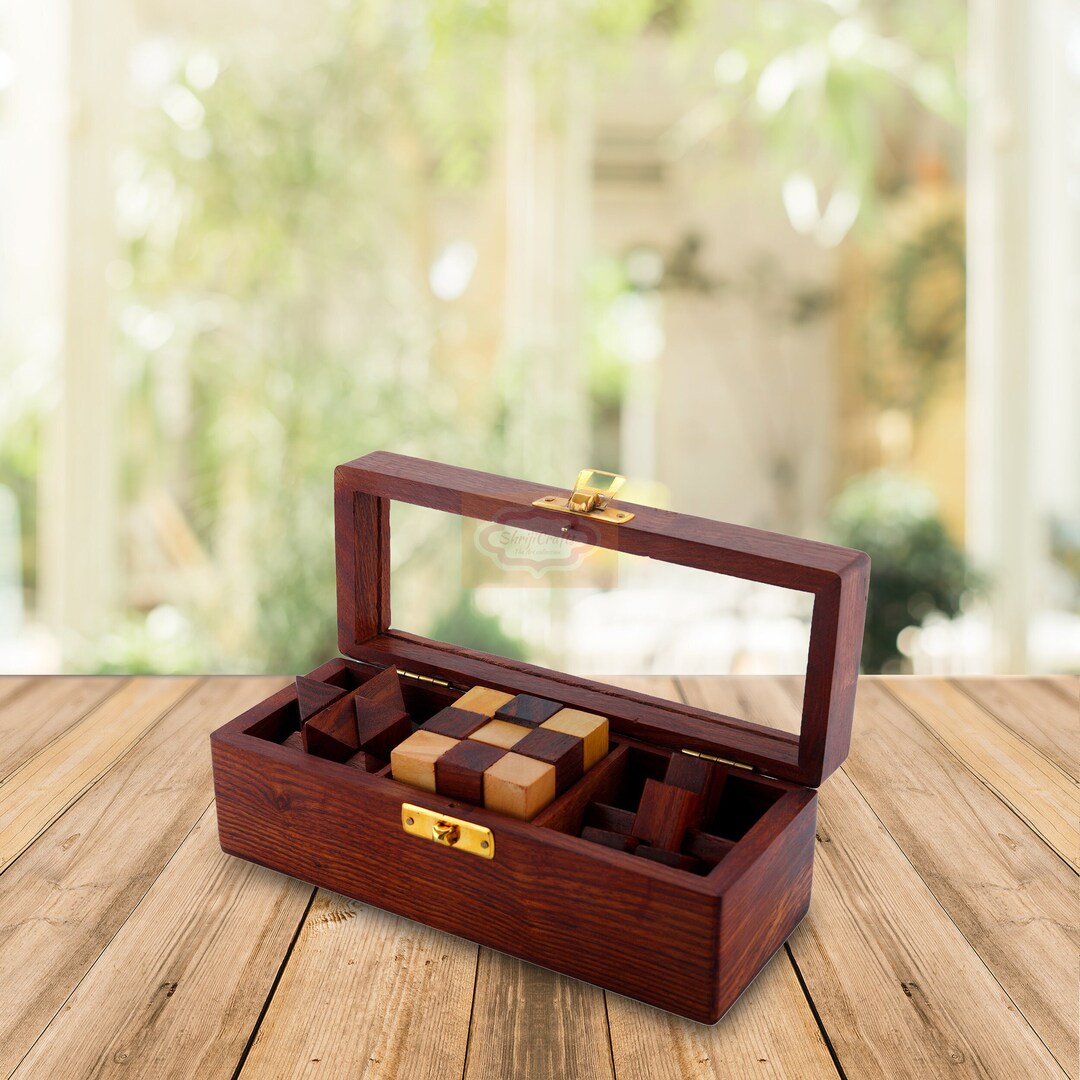 Wooden 3 in 1 Puzzle Games Set 3D Puzzles IQ Brain Teaser in Glass Lid ...