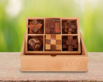 The Explorer STEM Brain Teaser Puzzle Set, 6 Wooden Mechanical Puzzles ...