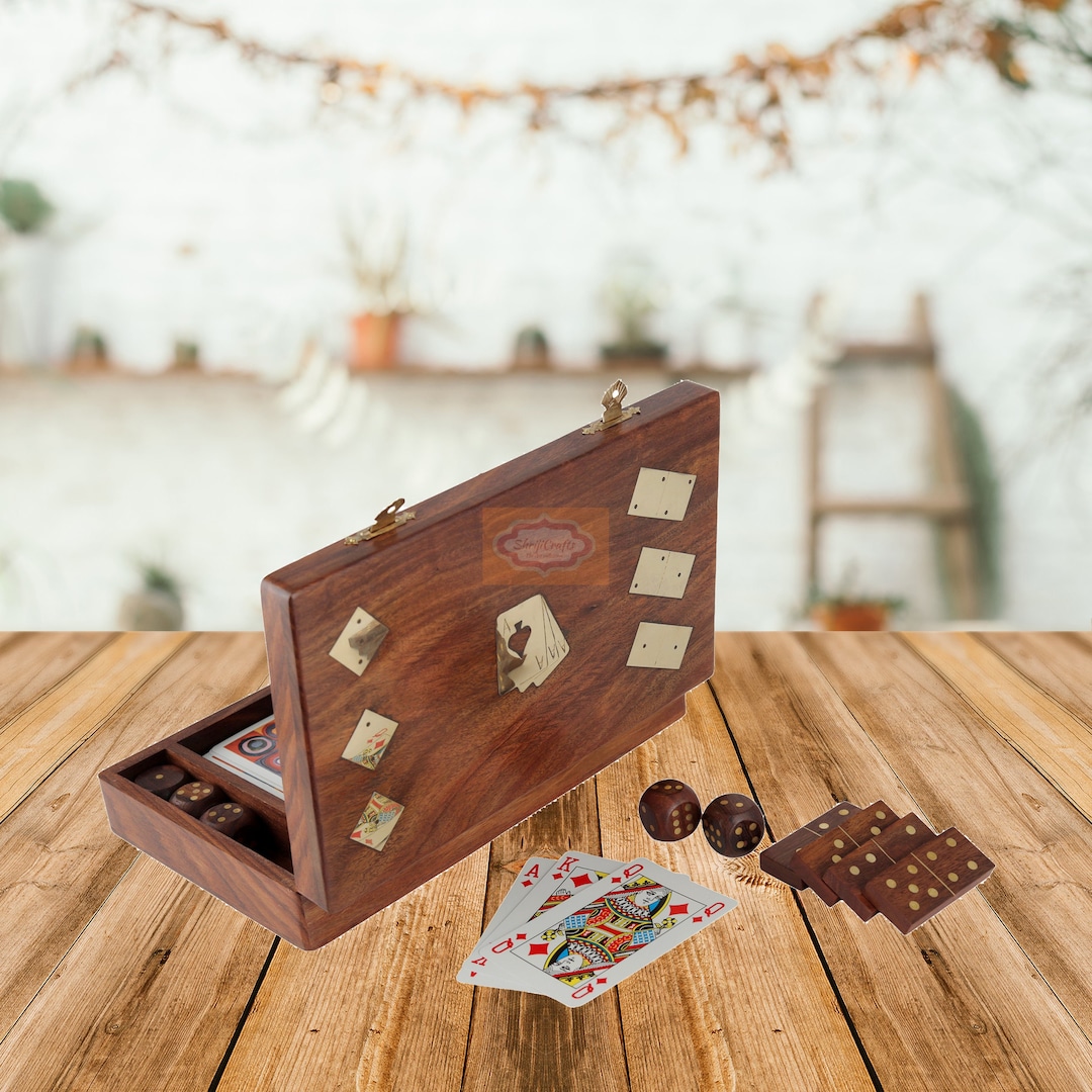 Wooden Playing Card Box With 5 Dice, 28 Dominoes Tiles and 1 Deck of ...