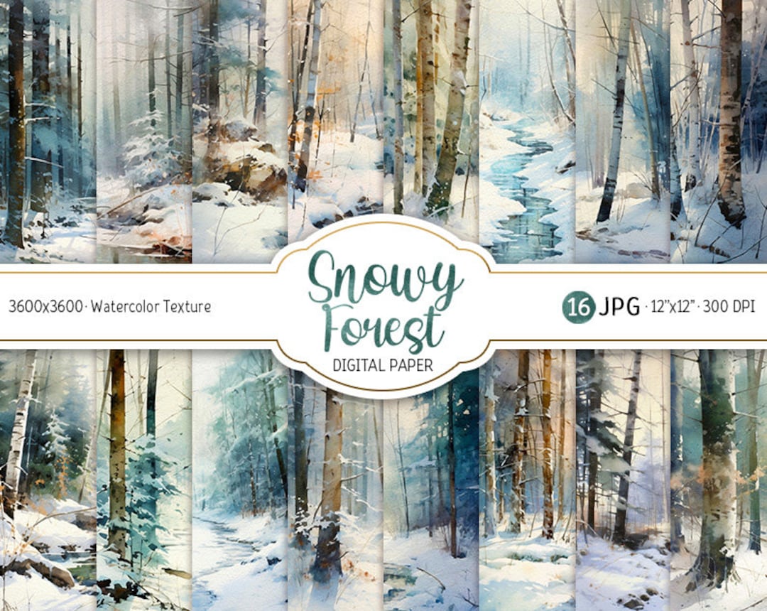 Watercolor Snowy Forest Digital Paper Pack Trees Printable Scrapbook ...