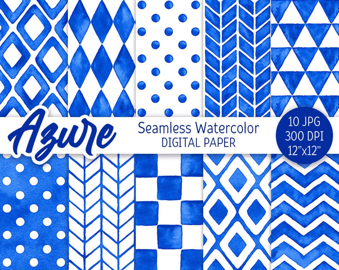 Azure Blue Geometric Pattern Watercolor Seamless Digital Paper Pack ...
