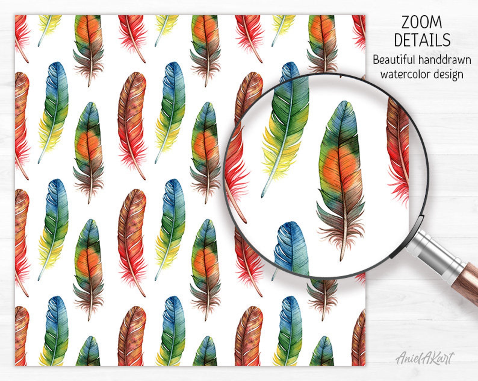 Rainbow Feather Watercolor Digital Paper Pack Colorful Exotic Boho ...