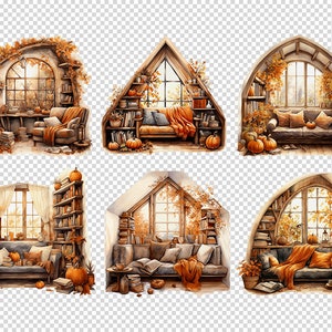 Watercolor Autumn Nook Clipart Bundle Cozy Reading Corner PNG Bookshelf ...