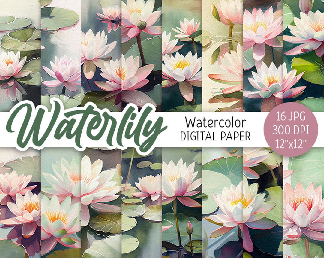 Watercolor Waterlily Digital Paper Pack Floral Printable Scrapbooking ...