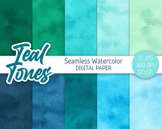 Blue & Green Watercolor Digital Paper, Aqua + Teal Background Paper ...