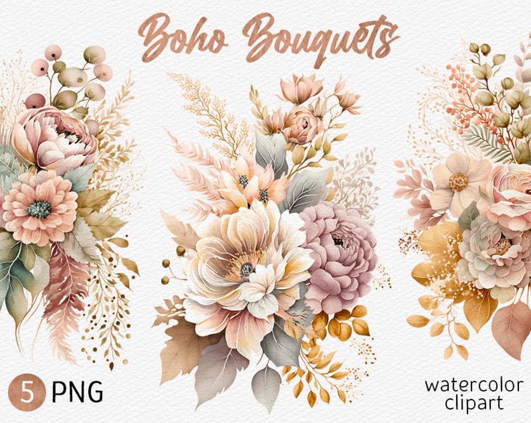 Watercolor Boho Floral Clipart Flower Boho Wedding PNG Bohemian Bridal ...