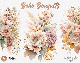 Watercolor Boho Floral Clipart Flower Boho Wedding JPG Bohemian Bridal ...