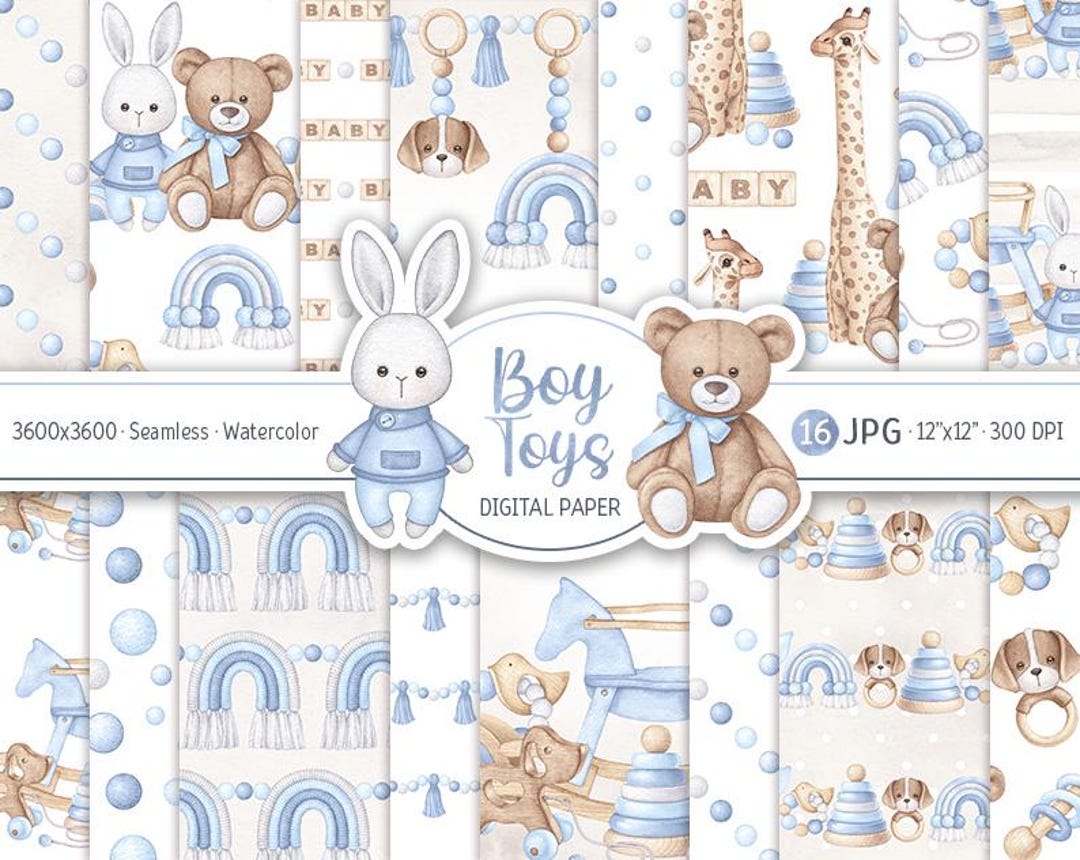 Baby Boy Digital Paper Pack Boho Nursery Watercolor Toys Seamless ...