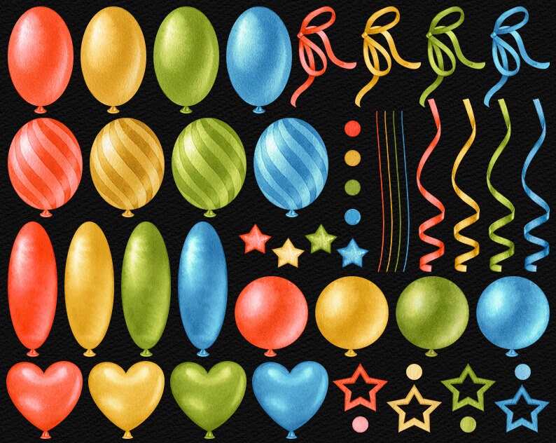 Watercolor Birthday Balloons Clipart Hand Painted Confetti - Etsy