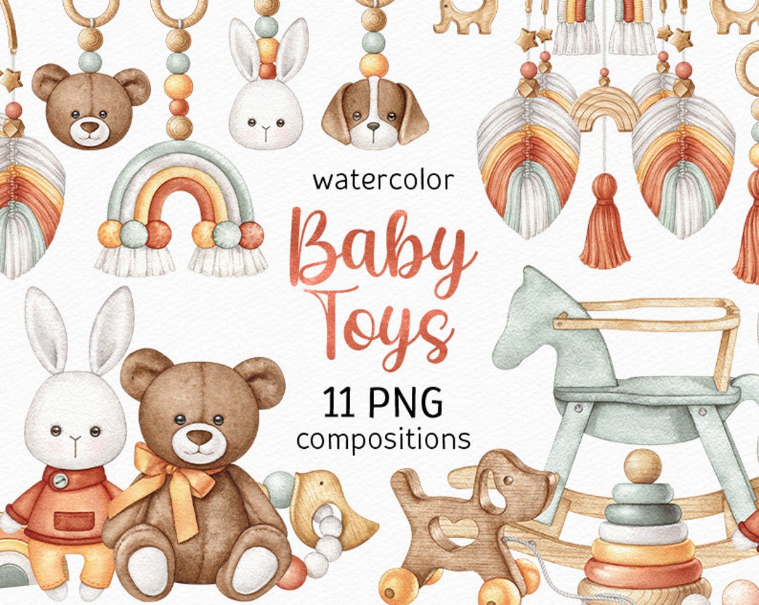 Baby Toys Watercolor Clipart Boho Nursery PNG Baby Shower Neutral ...