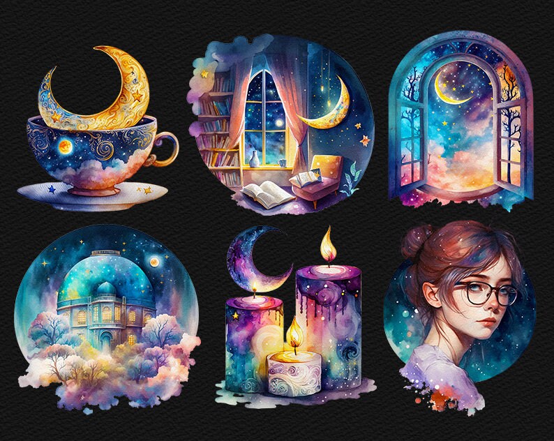 Watercolor Moon Bookworm Clipart Bundle Magic Book PNG - Etsy