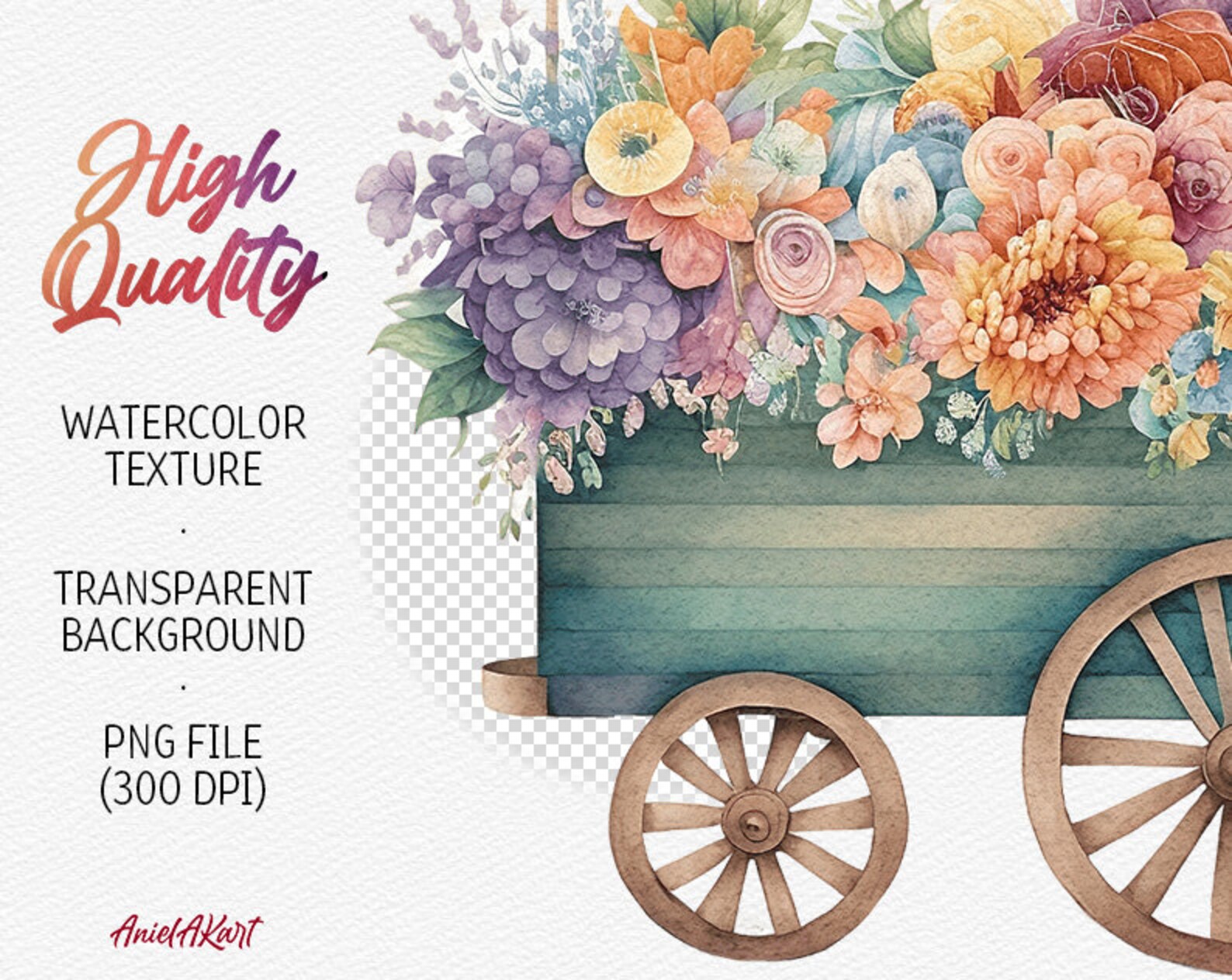 Watercolor Flower Market Cart Clipart Spring Flower Truck PNG ...