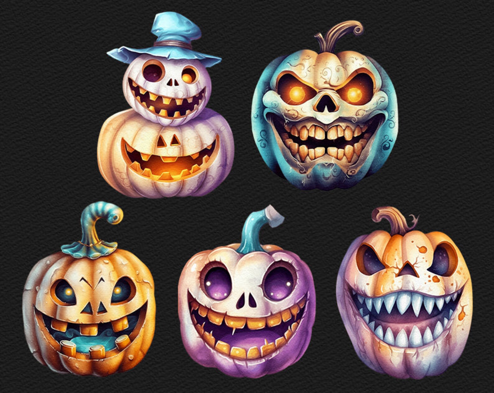 Watercolor Spooky Pumpkin Clipart Scary Pumpkins PNG Bundle Autumn Clip ...