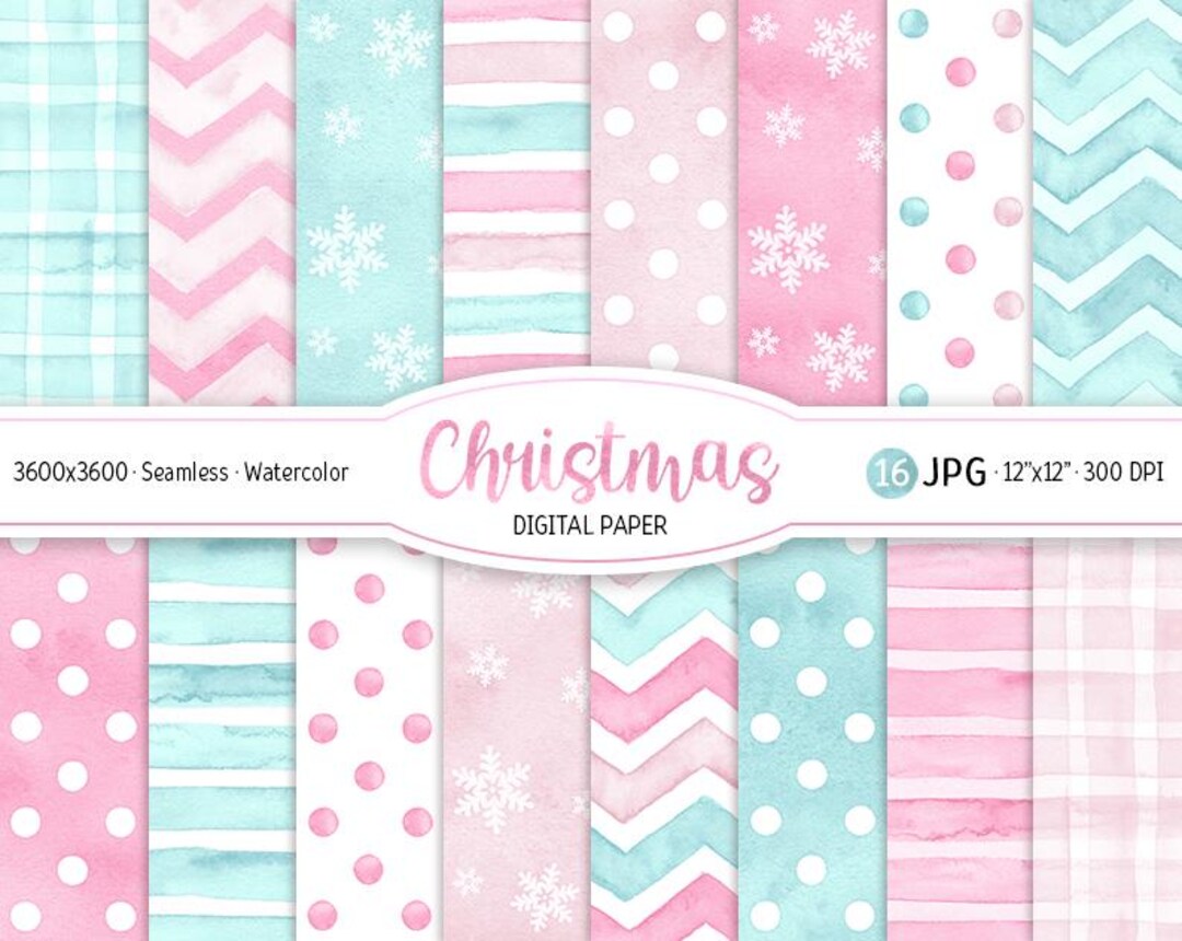 Mint & Pink Christmas Seamless Pattern Watercolor Snowflakes Digital ...