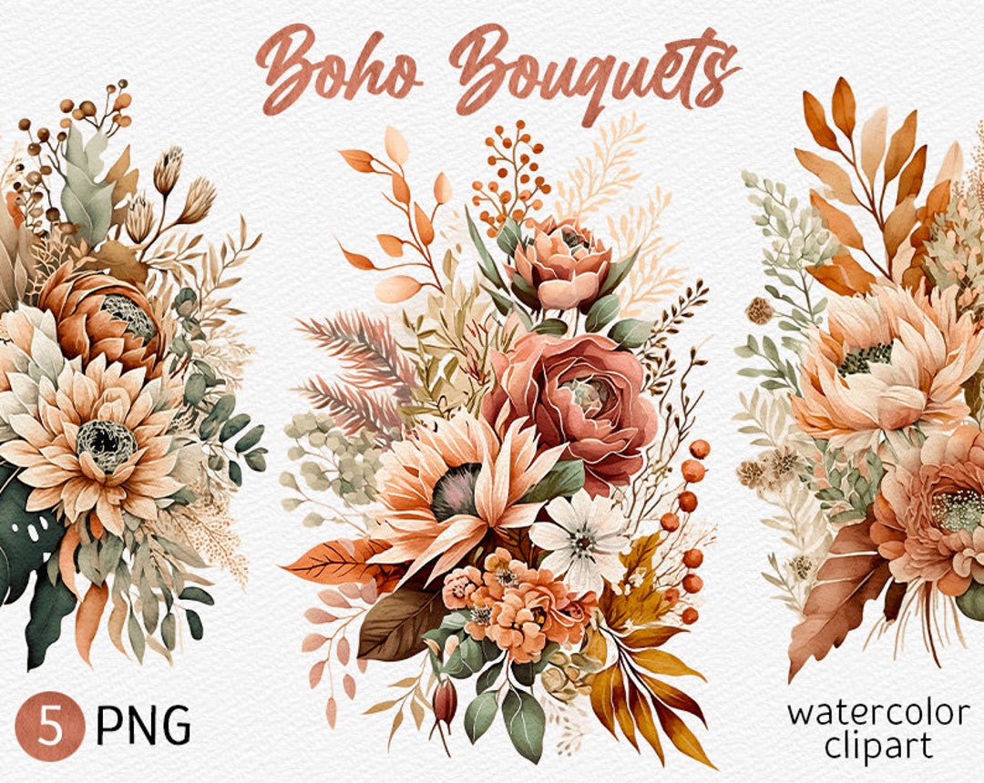 Watercolor Boho Floral Clipart Terracotta Flower Boho Wedding PNG ...