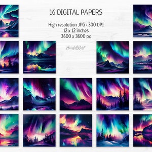 Northern Lights Digital Paper Pack Watercolor Aurora Borealis Printable ...