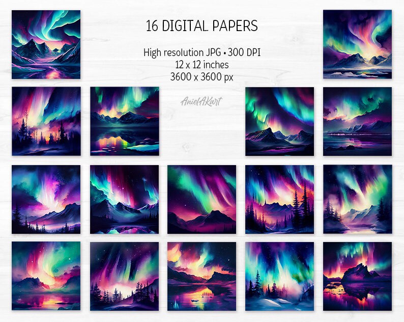 Northern Lights Digital Paper Pack Watercolor Aurora Borealis Printable ...