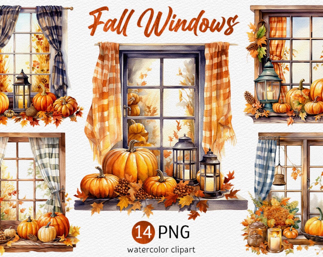 Watercolor Fall Window Clipart Cozy Autumn PNG Graphics Autumn Leaves ...
