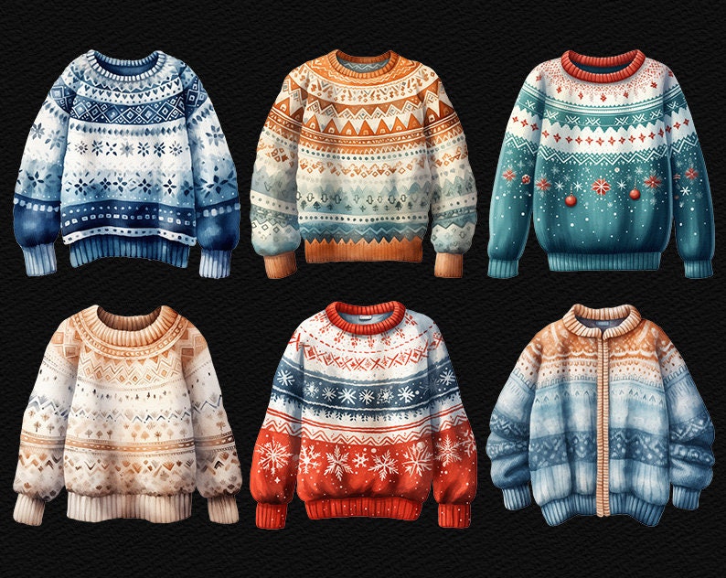 Watercolor Winter Sweater Clipart Bundle Ugly Christmas Sweater PNG ...