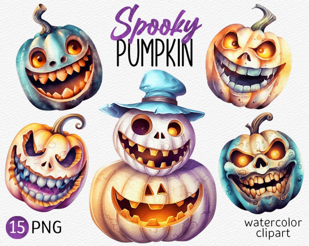 Watercolor Spooky Pumpkin Clipart Scary Pumpkins PNG Bundle Autumn Clip ...
