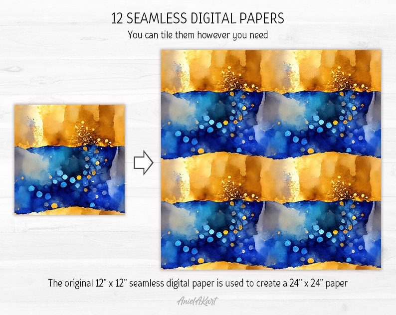 Blue and Gold Digital Paper Pack Watercolor Abstract Blue Seamless ...