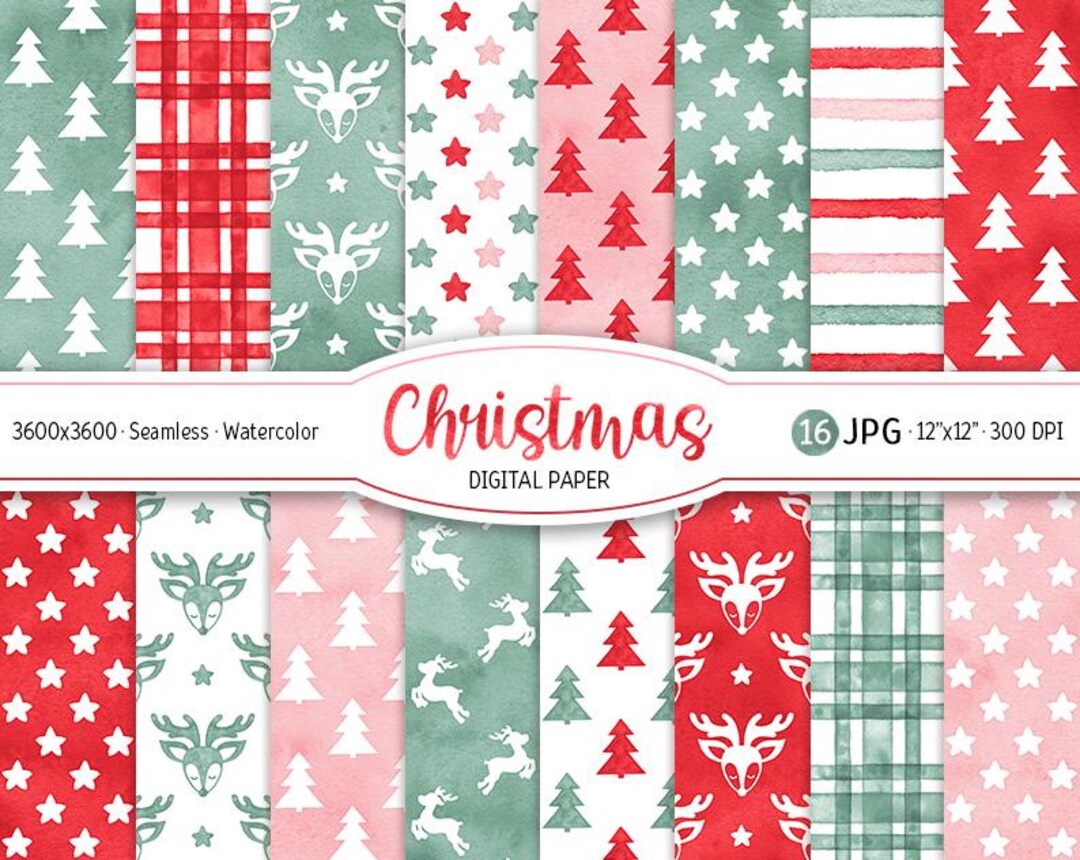 Christmas Digital Paper Pack Watercolor Holiday Seamless Pattern ...