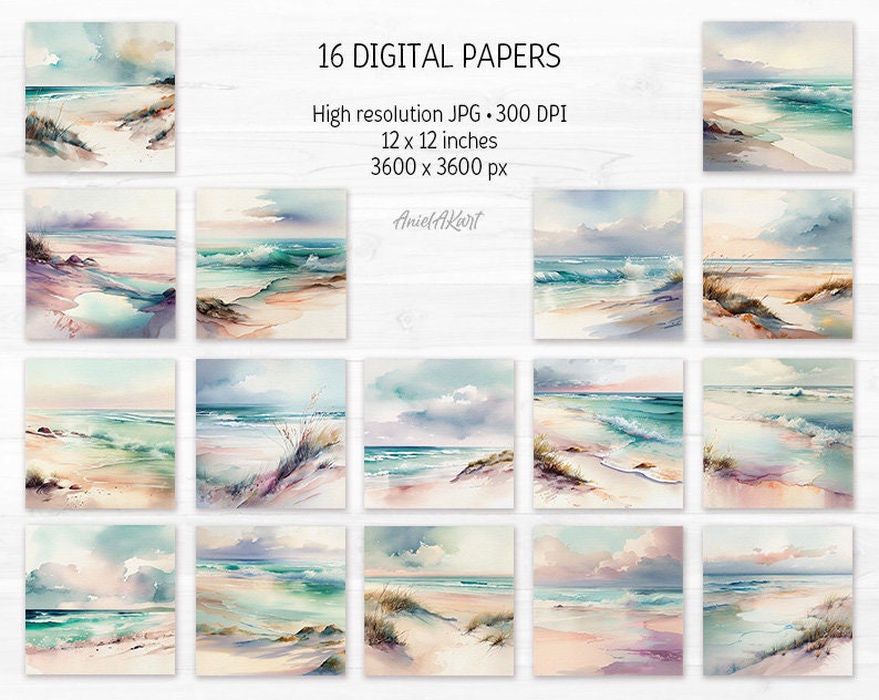 Watercolor Summer Beach Digital Paper Pack Seascape Printable ...