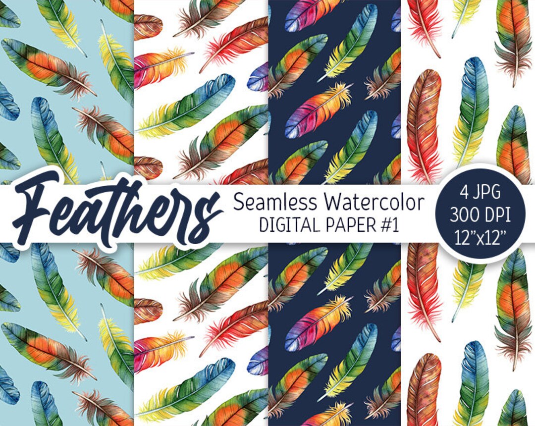 Rainbow Feather Watercolor Digital Paper Pack Colorful Exotic Boho ...