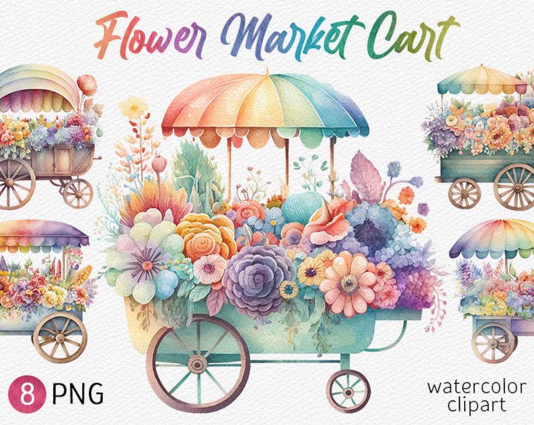 Watercolor Flower Market Cart Clipart Spring Flower Truck PNG ...