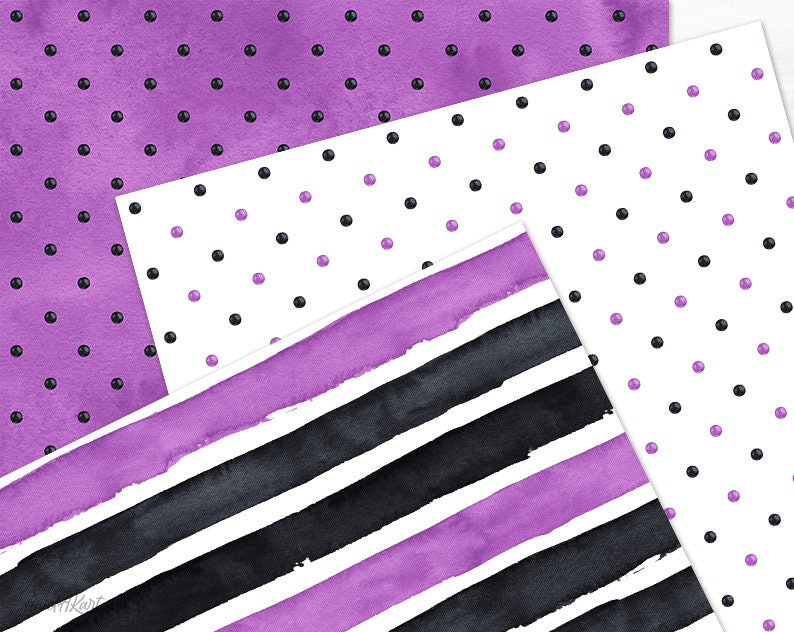 Purple Black Digital Paper Pack Watercolor Polka Dot Seamless Pattern ...