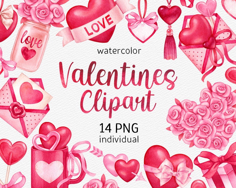 Watercolor Valentine's Day Clipart Valentine PNG Love | Etsy