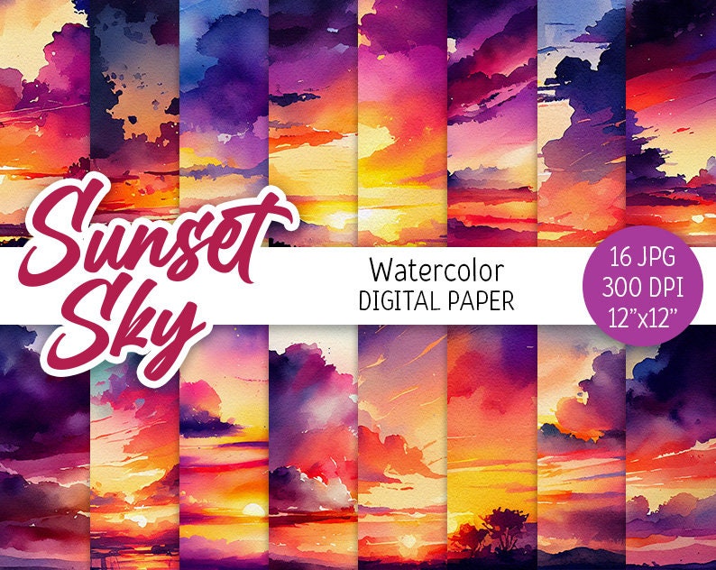 Watercolor Sunset Sky Digital Paper Pack Beach Sunset Printable ...