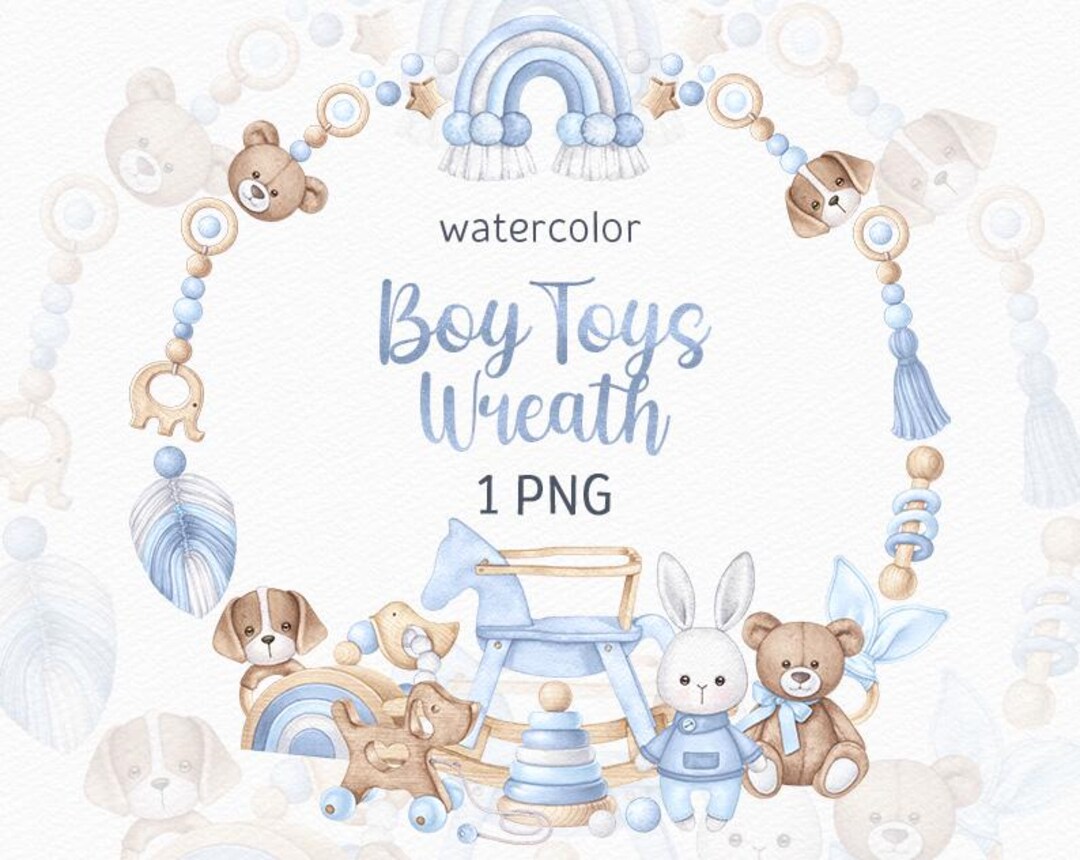 Watercolor Baby Boy Wreath Baby Shower Clipart Cute Nursery Blue Toys ...