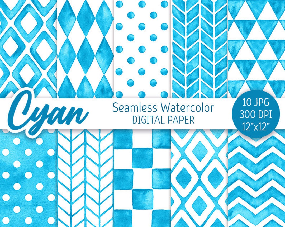 Cyan Blue Geometric Pattern Watercolor Seamless Digital Paper Pack ...