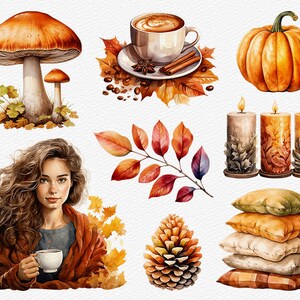 Cozy Autumn Watercolor Clipart Fall PNG Graphics Falling Leaves Girl ...