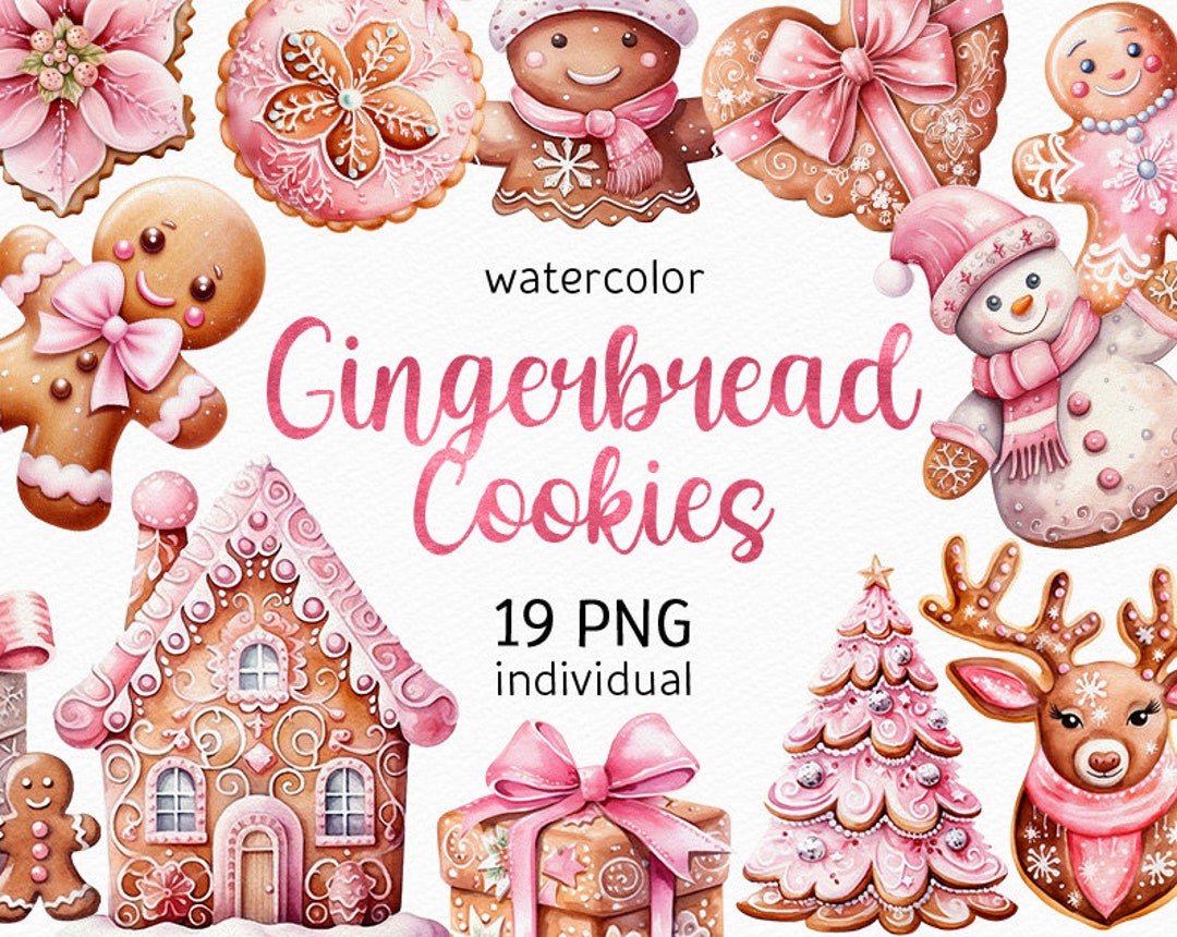 Watercolor Gingerbread Cookie PNG Pink Gingerbread House Clipart Cute ...