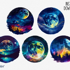 Watercolor Full Moon Clipart Bundle Magic Starry Night PNG Cozy ...
