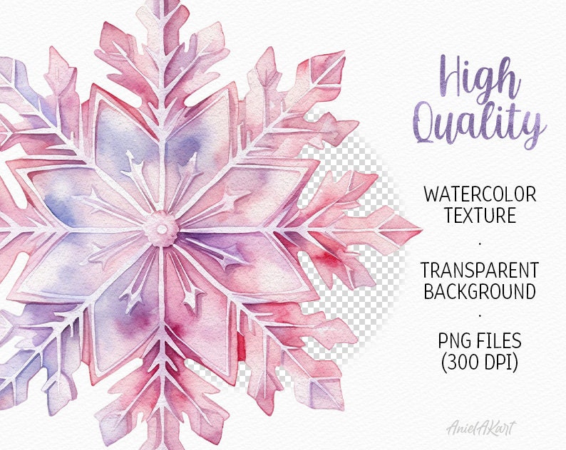 Watercolor Snowflake Clipart Pink Snowflake PNG Watercolor Cozy ...