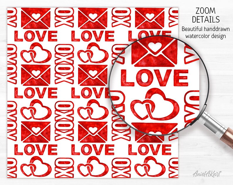 Red White Valentine Day Digital Paper Bundle Watercolor Love Seamless ...