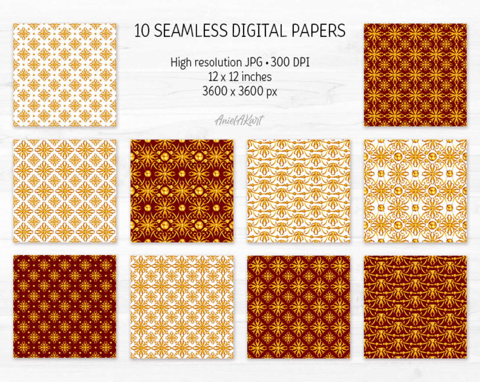 Gold Seamless Pattern Watercolor Ornaments Digital Paper Pack Printable ...