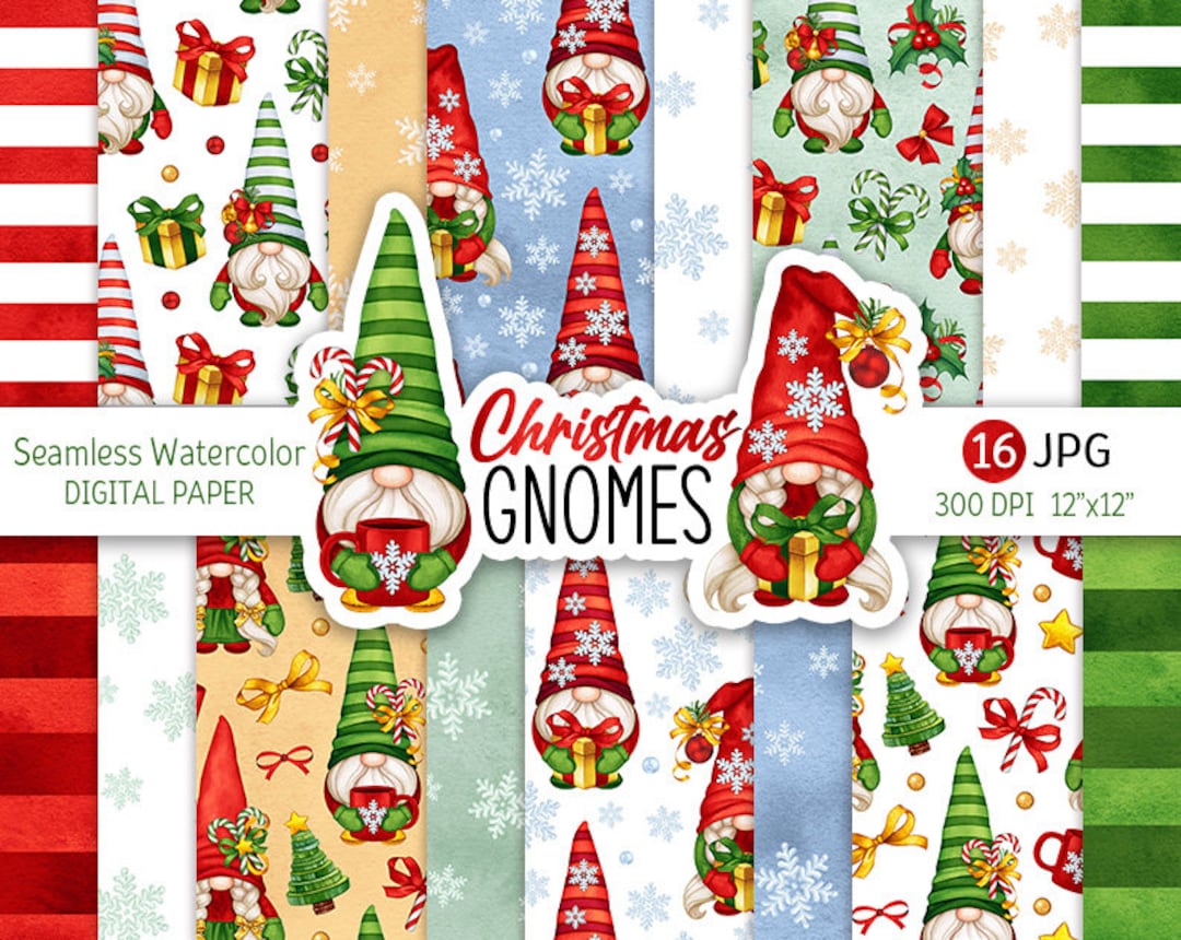 Christmas Gnomes Digital Paper Pack Watercolor Gnome Seamless Pattern ...