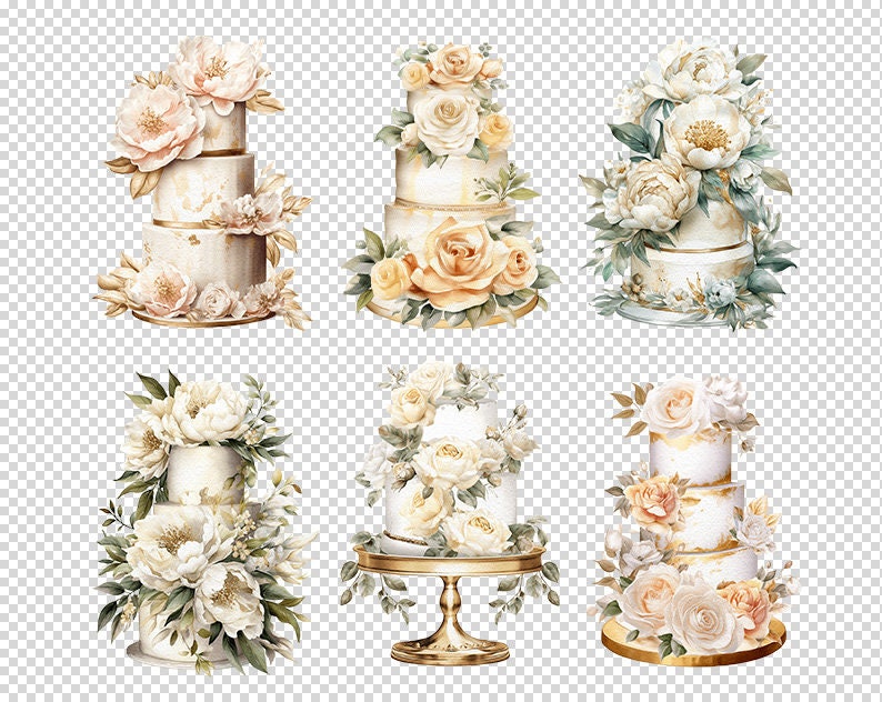 Watercolor Wedding Cake Clipart Pack Floral Cake PNG Bundle White ...