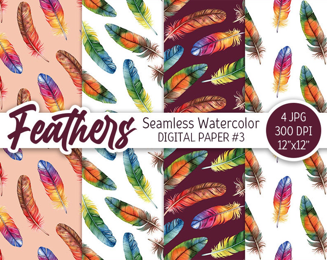 Colorful Feather Watercolor Digital Paper Pack Rainbow Exotic Boho ...