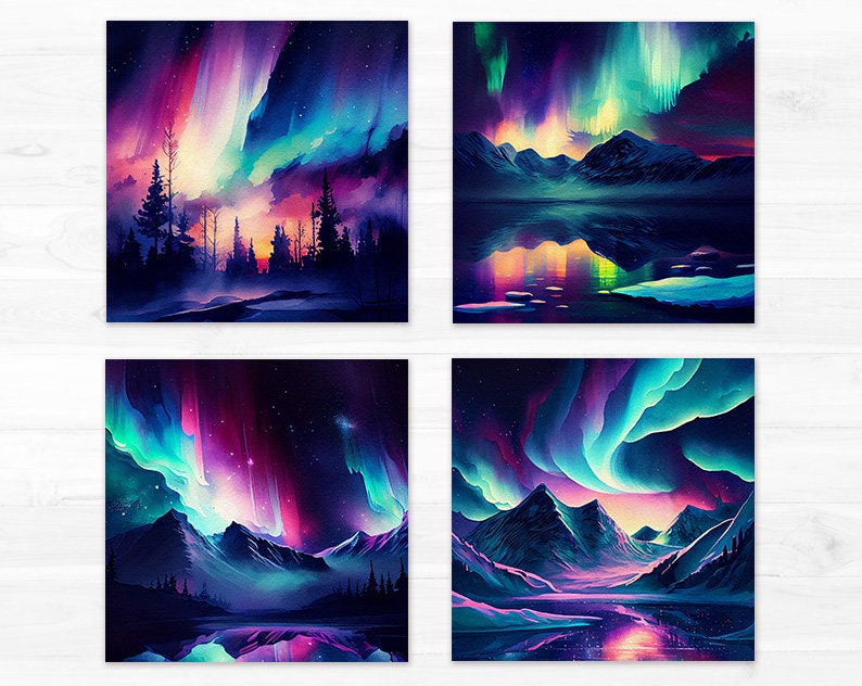 Northern Lights Digital Paper Pack Watercolor Aurora Borealis Printable ...