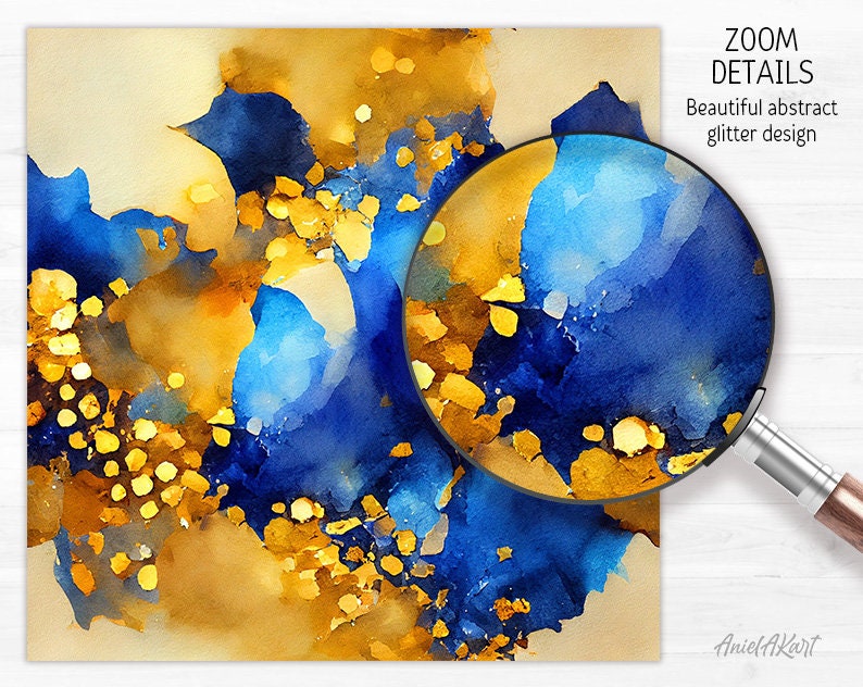Blue and Gold Digital Paper Pack Watercolor Abstract Blue Seamless ...