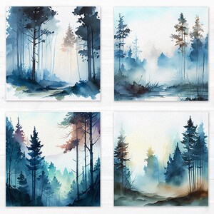 Watercolor Blue Forest Digital Paper Pack Foggy Wood Printable ...