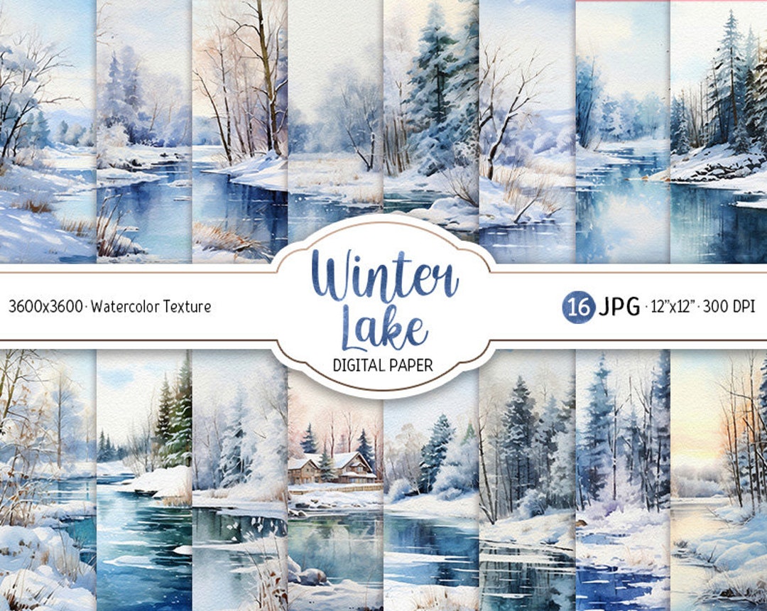 Watercolor Winter Digital Paper Pack Winter Lake Printable Scrapbooking ...
