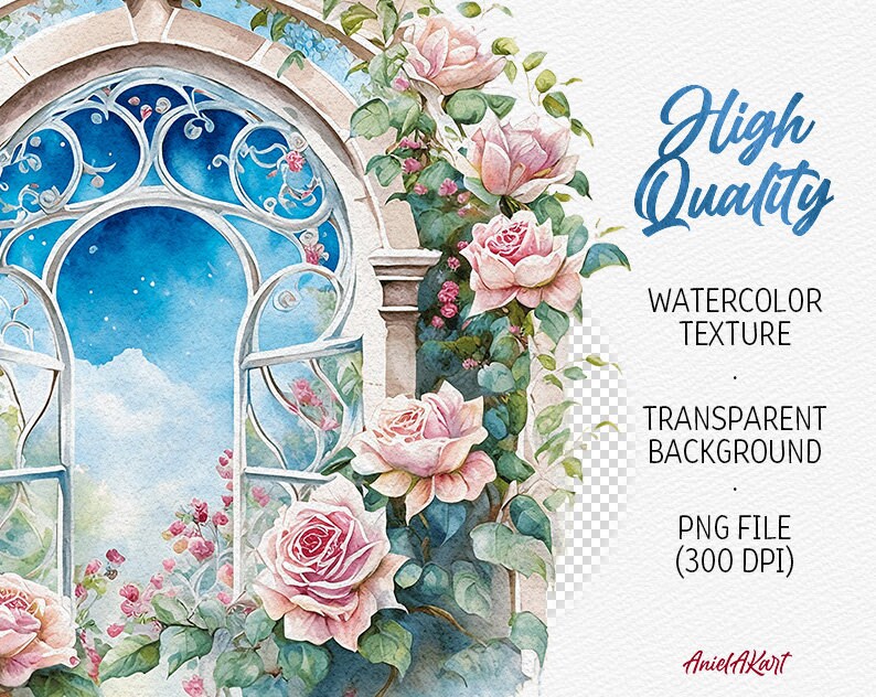 Watercolor Rose Window Clipart Summer Flower Window PNG - Etsy