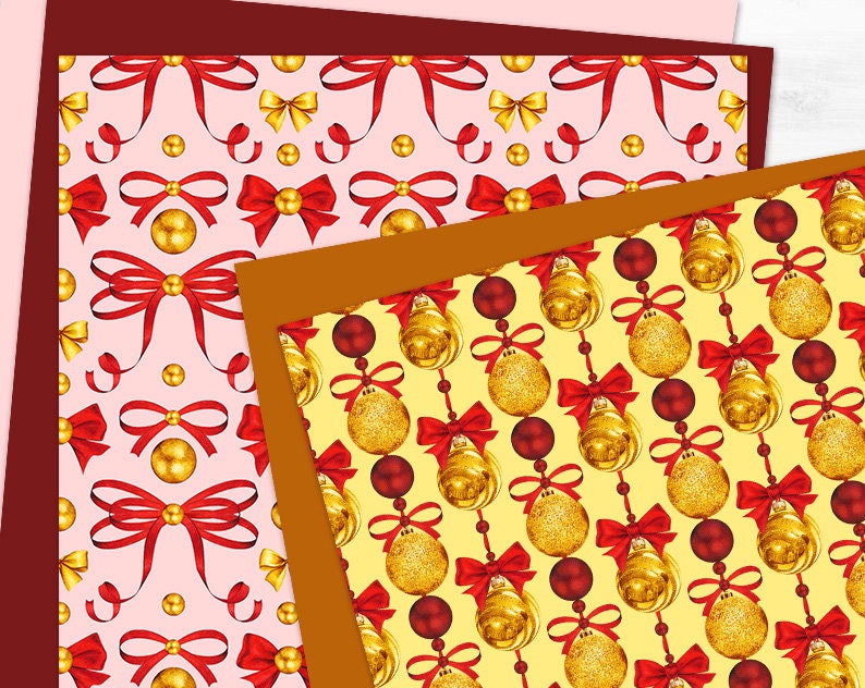 Christmas Watercolor Digital Paper Pack Bows and Balls Seamless Pattern ...